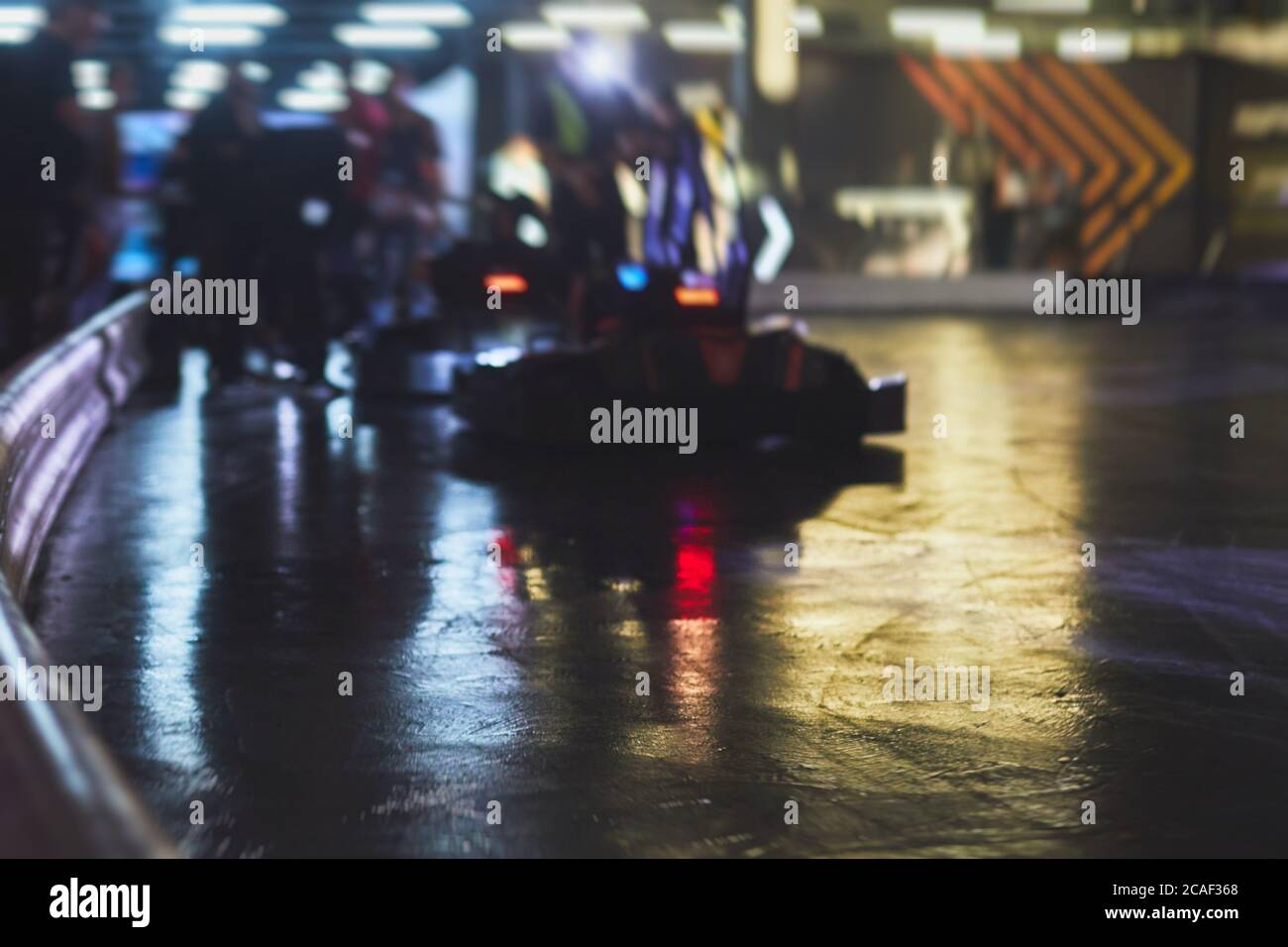 View of indoor karting racetrack, go-kart competition, go-cart racing ...