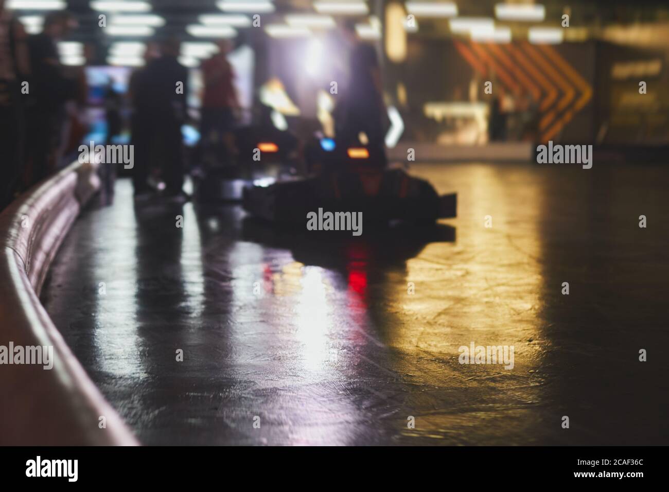 View of indoor karting racetrack, go-kart competition, go-cart racing ...