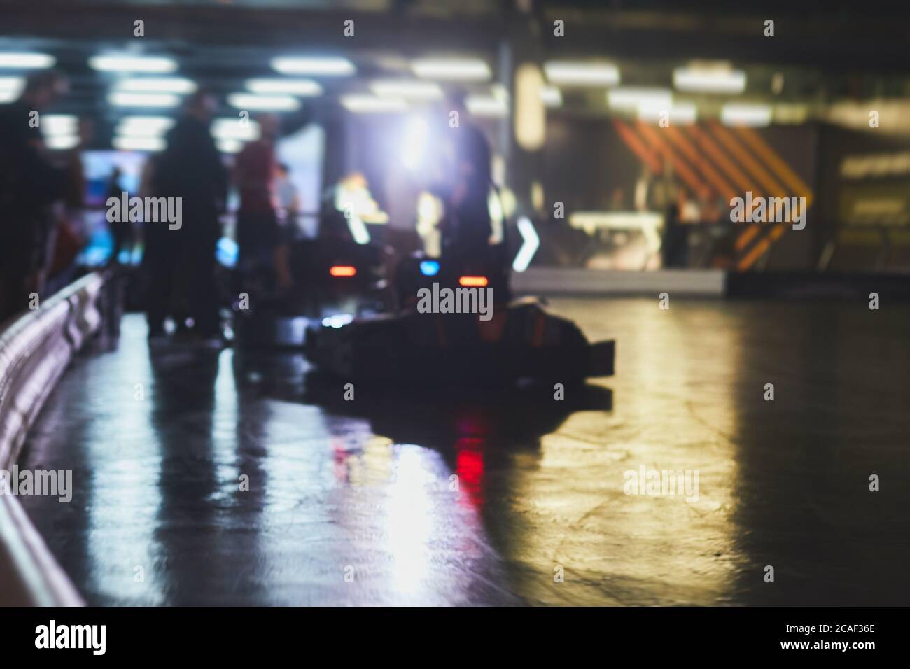 View of indoor karting racetrack, go-kart competition, go-cart racing ...