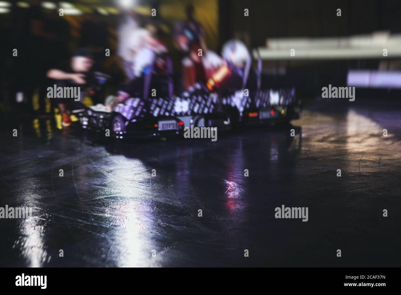 View of indoor karting racetrack, go-kart competition, go-cart racing ...