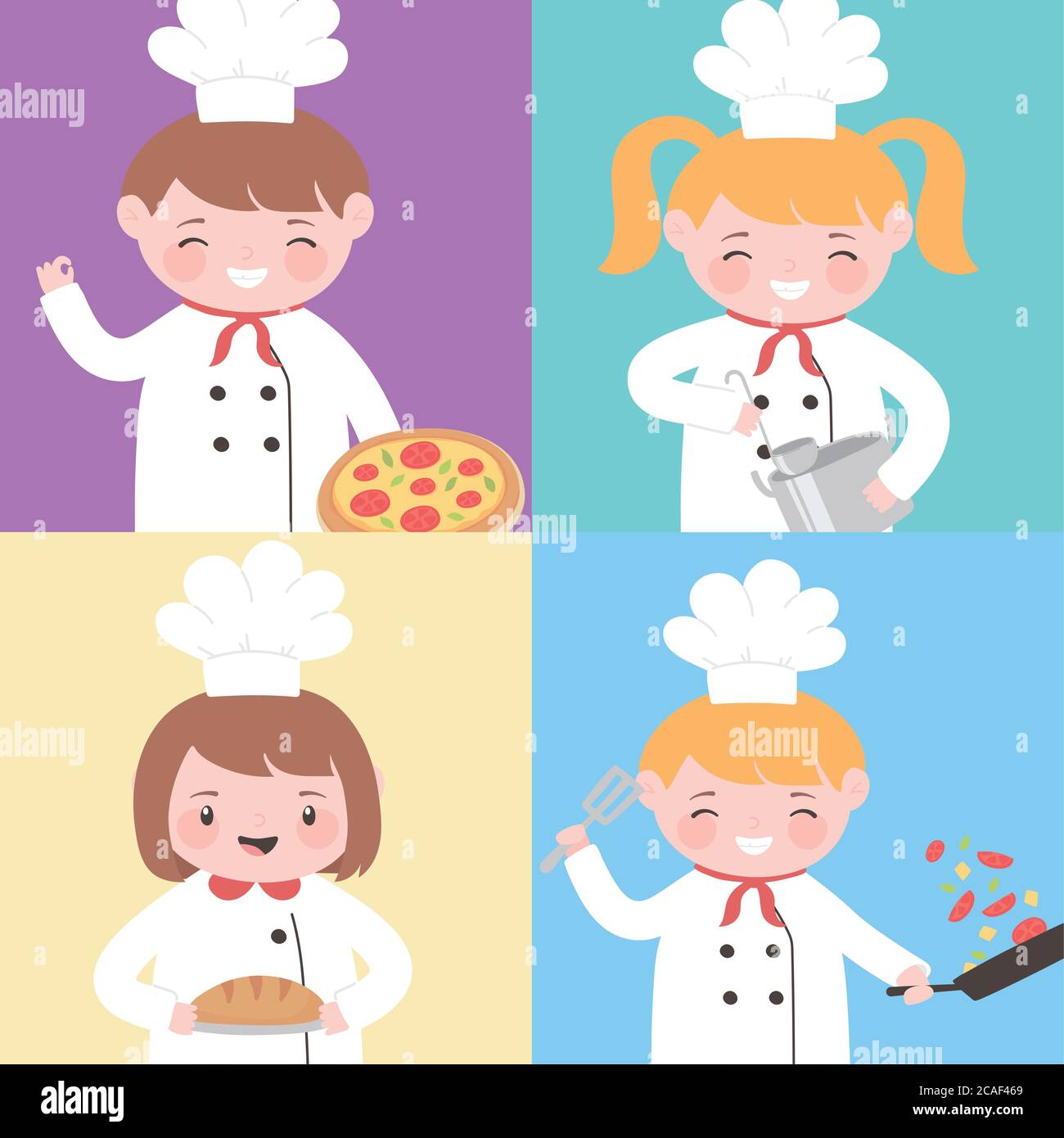 cartoon character child chefs profession with food and utensils kitchen ...