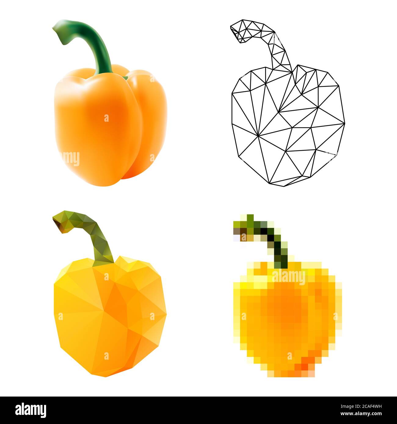 yellow pepper in different graphic designs on a white isolated ...