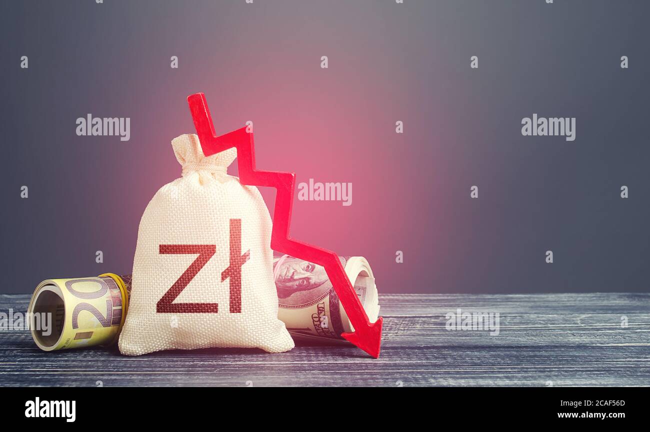 Polish Zloty Money Bag And Red Down Arrow Economic Difficulties Fall
