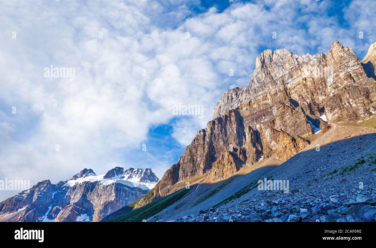 Morning sun light up the majestic Mount Babel along Consolation Lakes ...