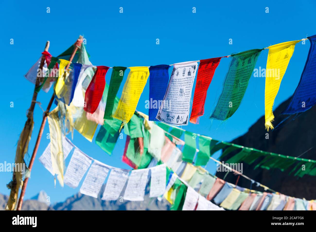 Ladakh, India - Tibetan, prayer flag at Turtuk Monastery (Turtuk Gompa ...
