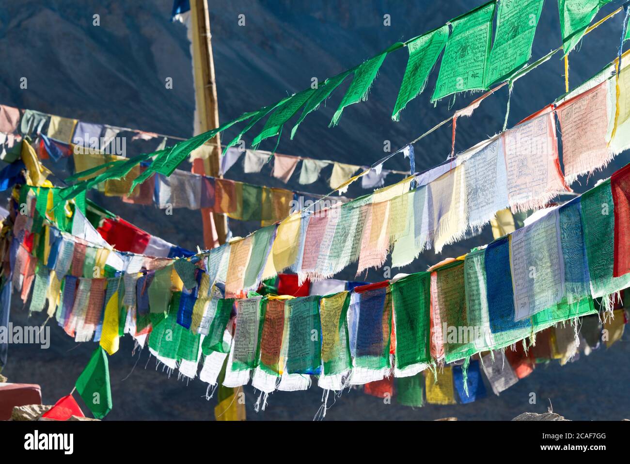 Ladakh, India - Tibetan, prayer flag at Turtuk Monastery (Turtuk Gompa ...