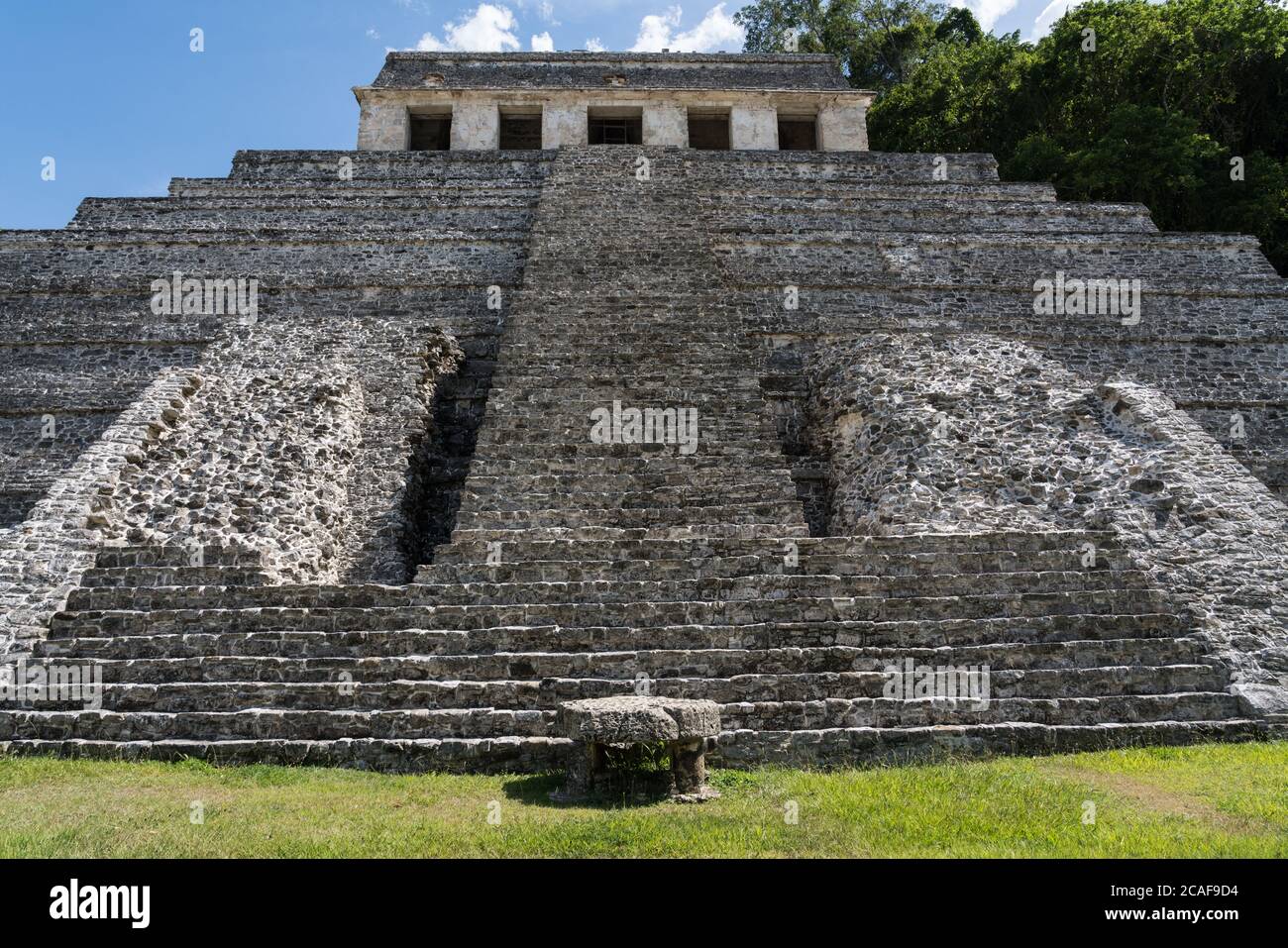 The Temple of the Inscriptions and an altar in the ruins of the Mayan ...