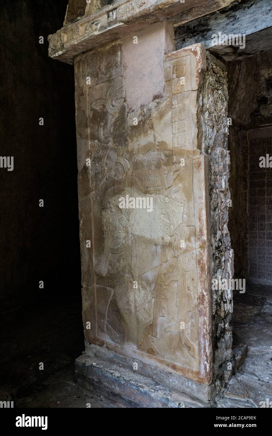 A carved stone panel in the Temple of the Cross showing K’inich Kan B ...