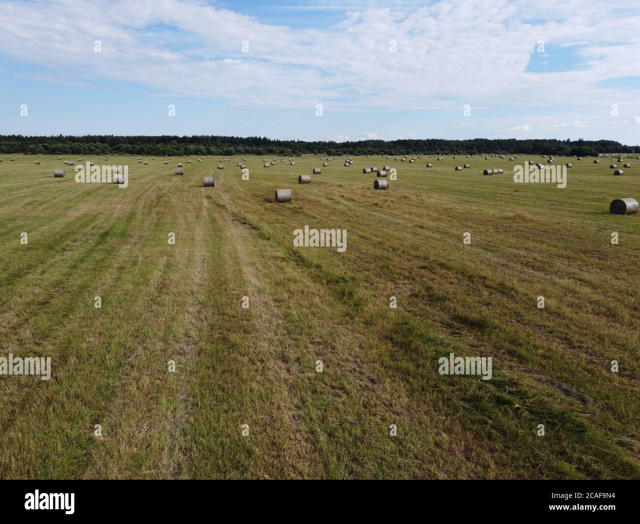 Aerial view of square hay bales in field after harvest Stock Photo - Alamy