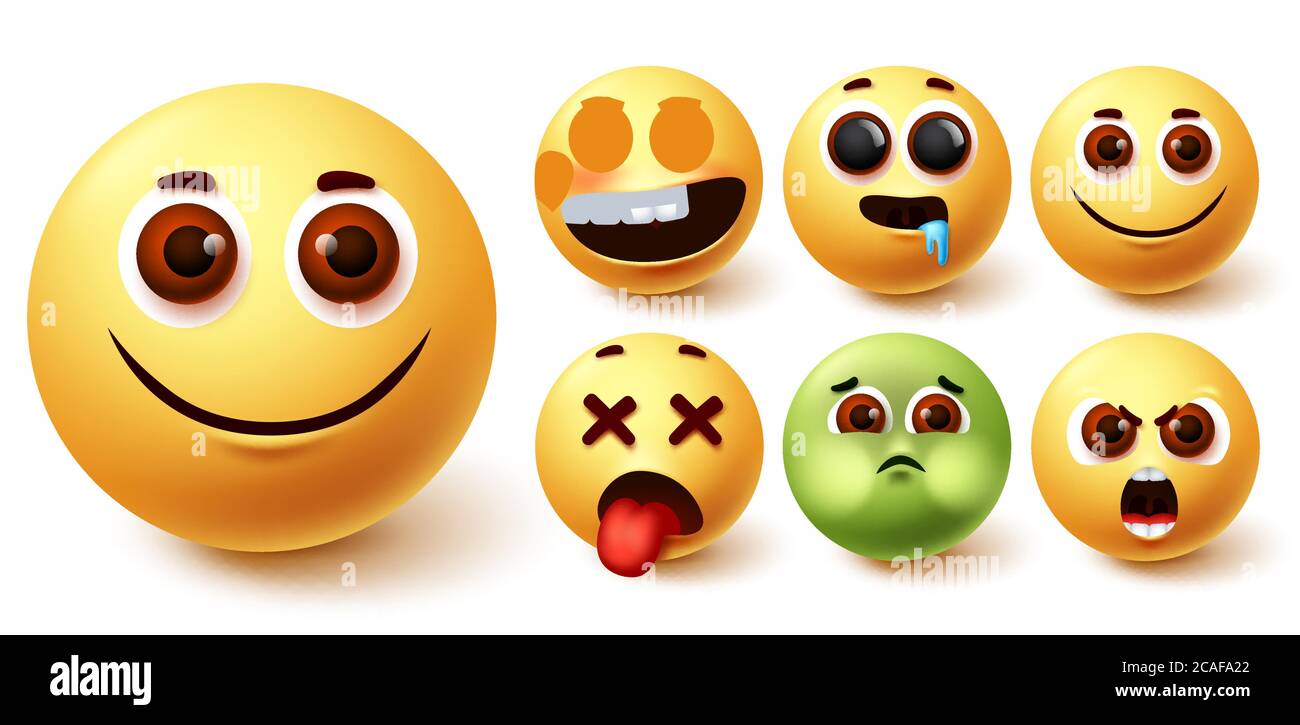 Smileys emoji vector set. Smiley emojis cute yellow face in happy, in ...
