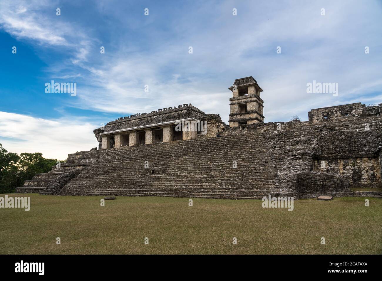 The Palace with its tower in the ruins of the Mayan city of Palenque ...