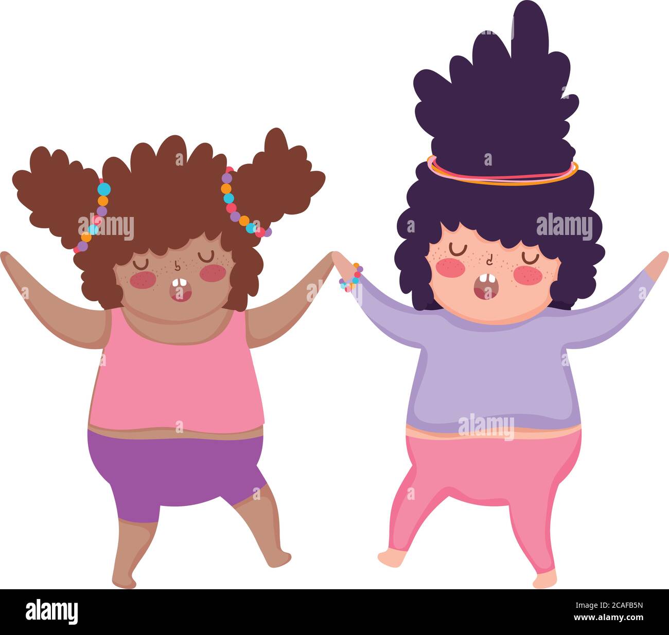 kids cartoon happy little girls curly hairs characters vector ...
