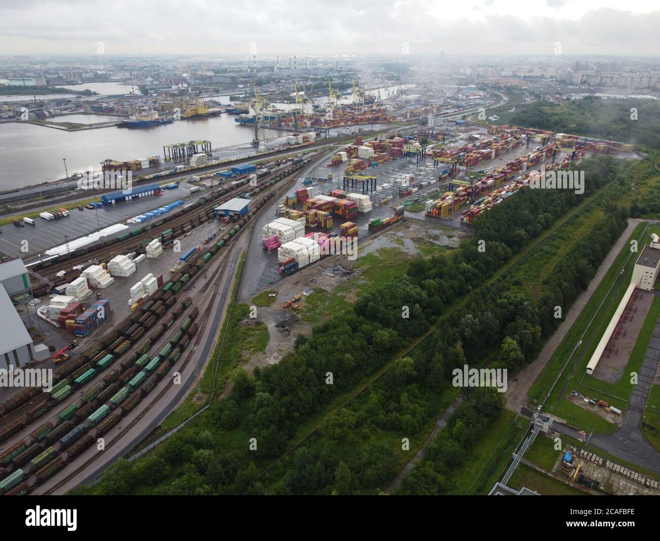 Drone flies over the port of the container terminal in Ust-Luga Stock ...