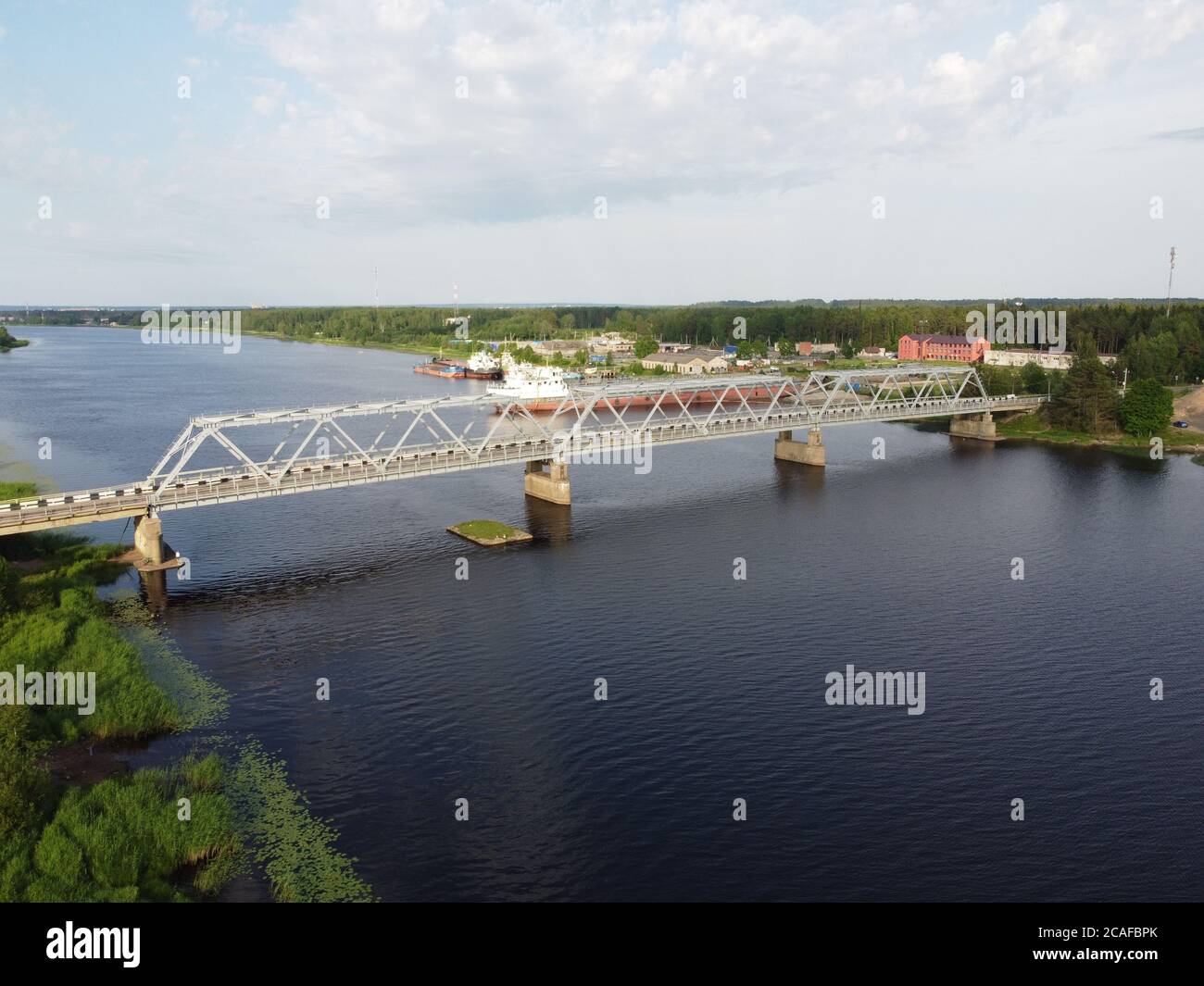 truss iron bridge through river,view an air,aerial photo Stock Photo ...