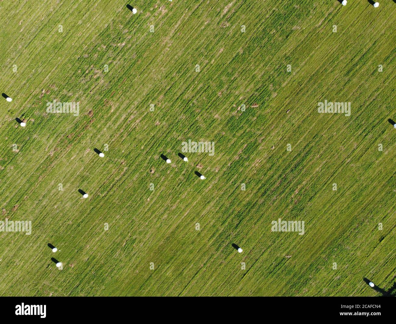 Aerial view of square hay bales in field after harvest Stock Photo - Alamy