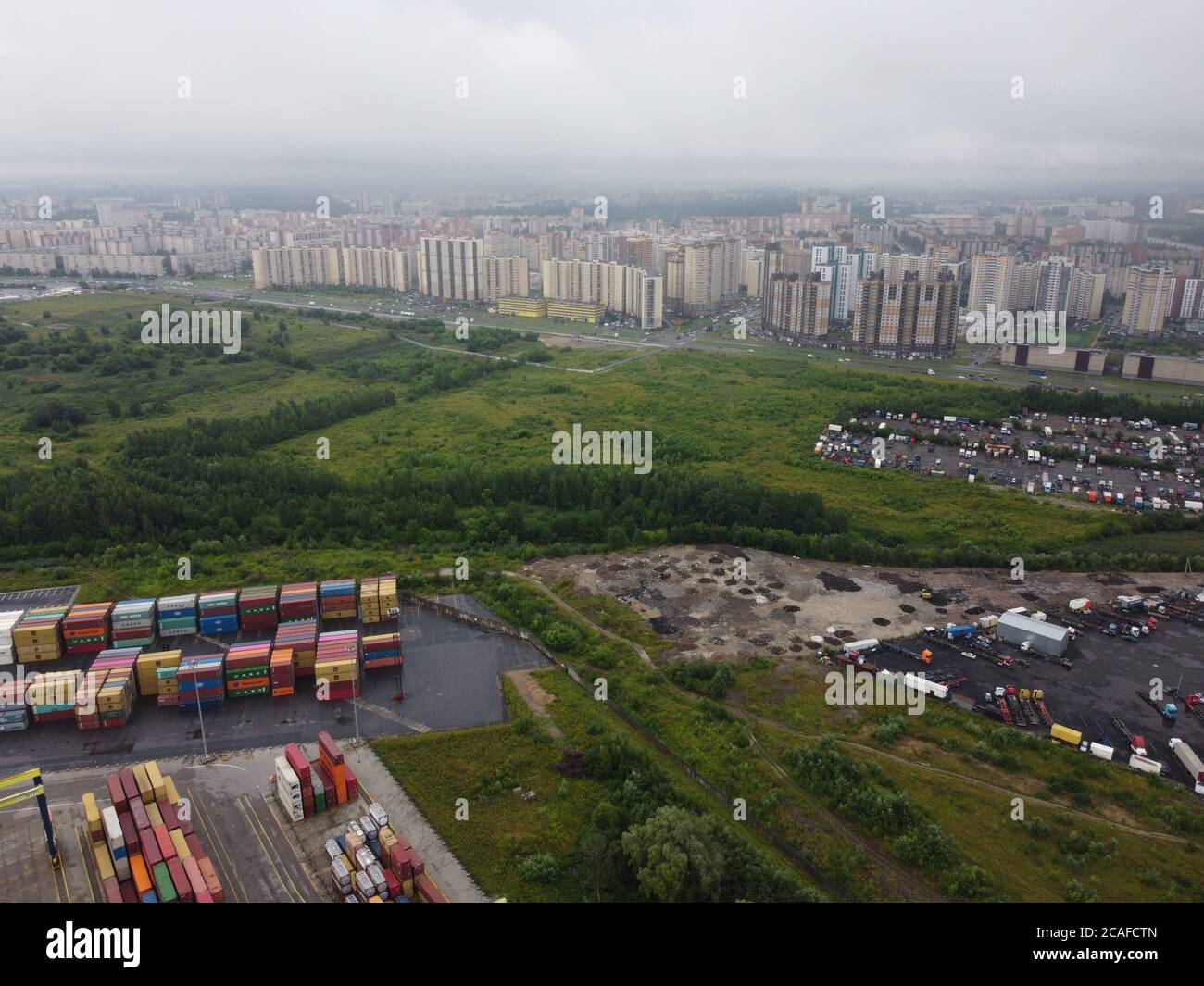 Drone flies over the port of the container terminal in Saint-Petersburg ...
