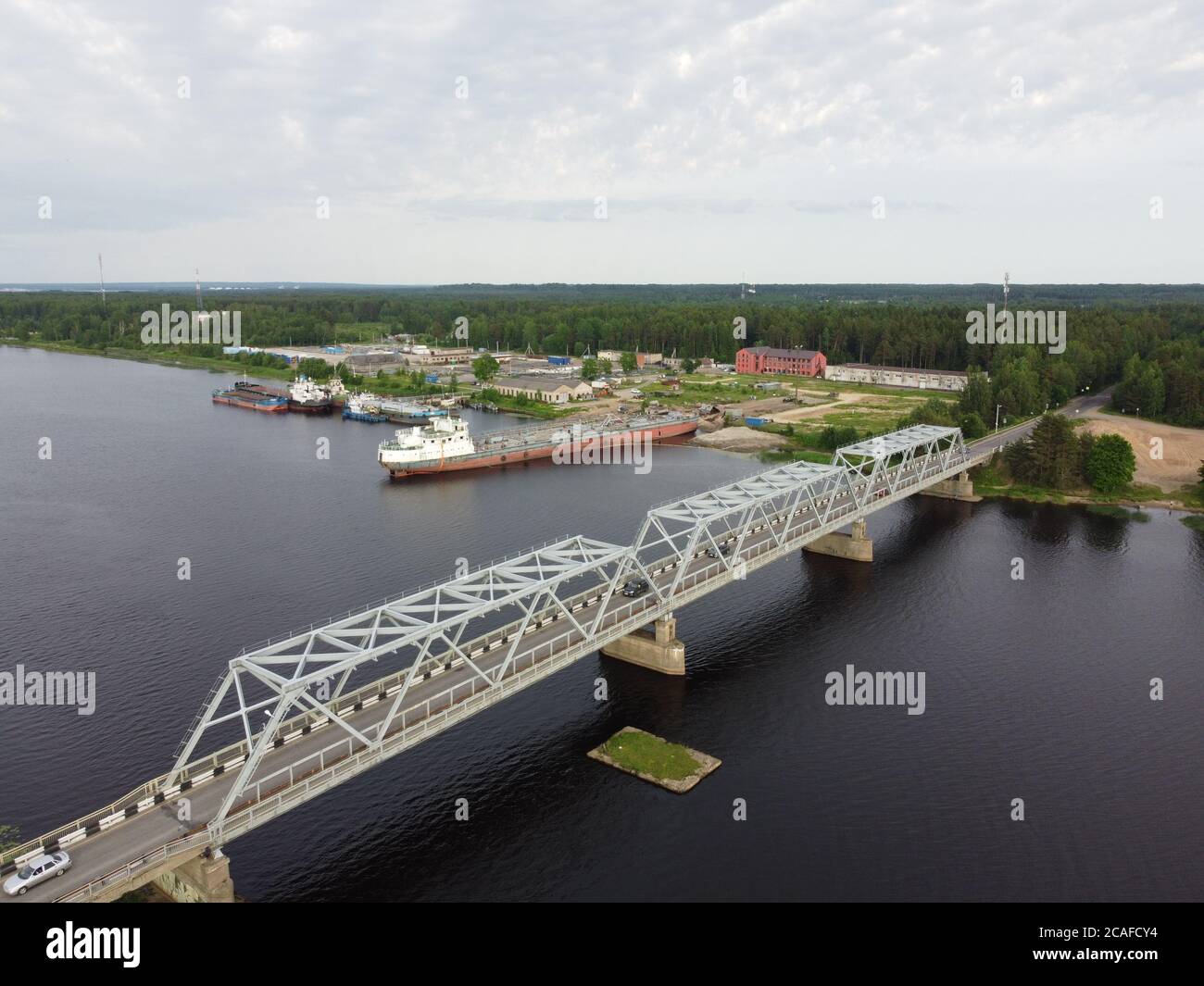truss iron bridge through river,view an air,aerial photo Stock Photo ...