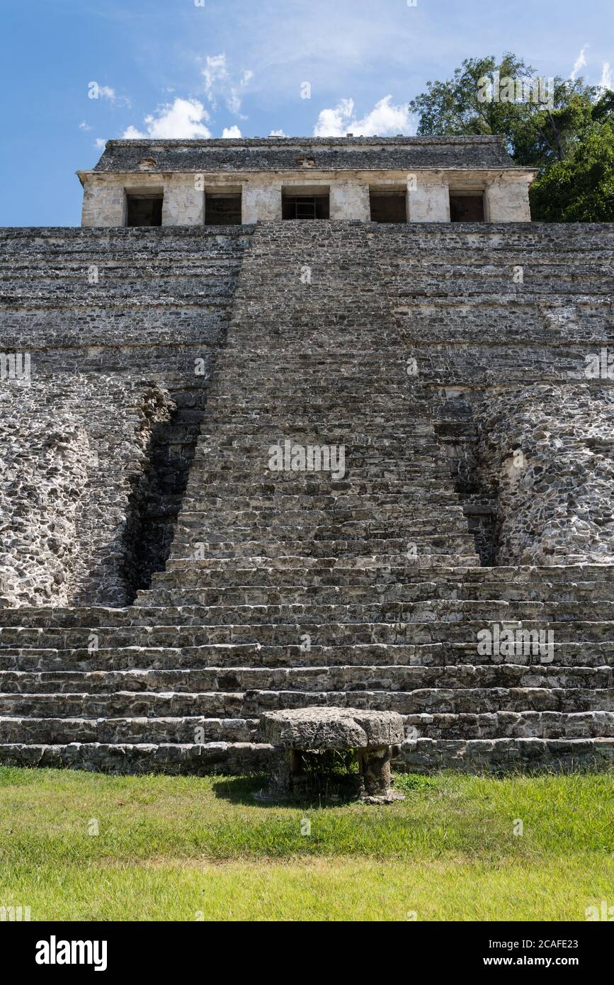 The Temple of the Inscriptions and an altar in the ruins of the Mayan ...