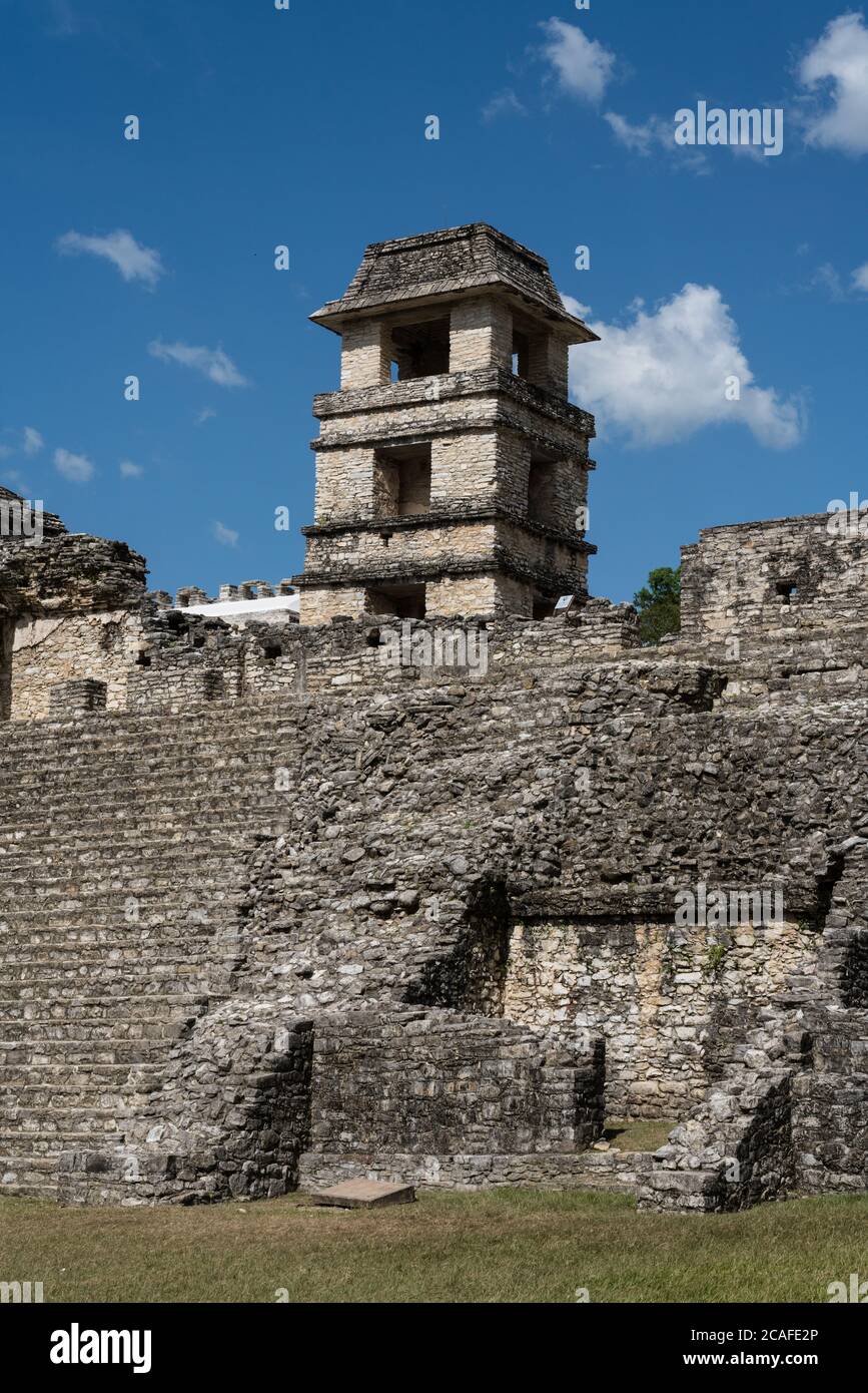 The Palace tower in the ruins of the Mayan city of Palenque, Palenque ...