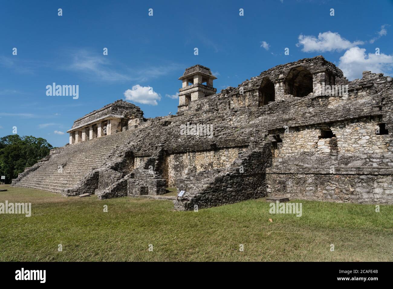 The Palace with its tower in the ruins of the Mayan city of Palenque ...