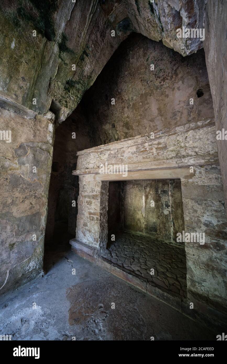 The interior of the Temple of the Sun with its carved stone panel and ...