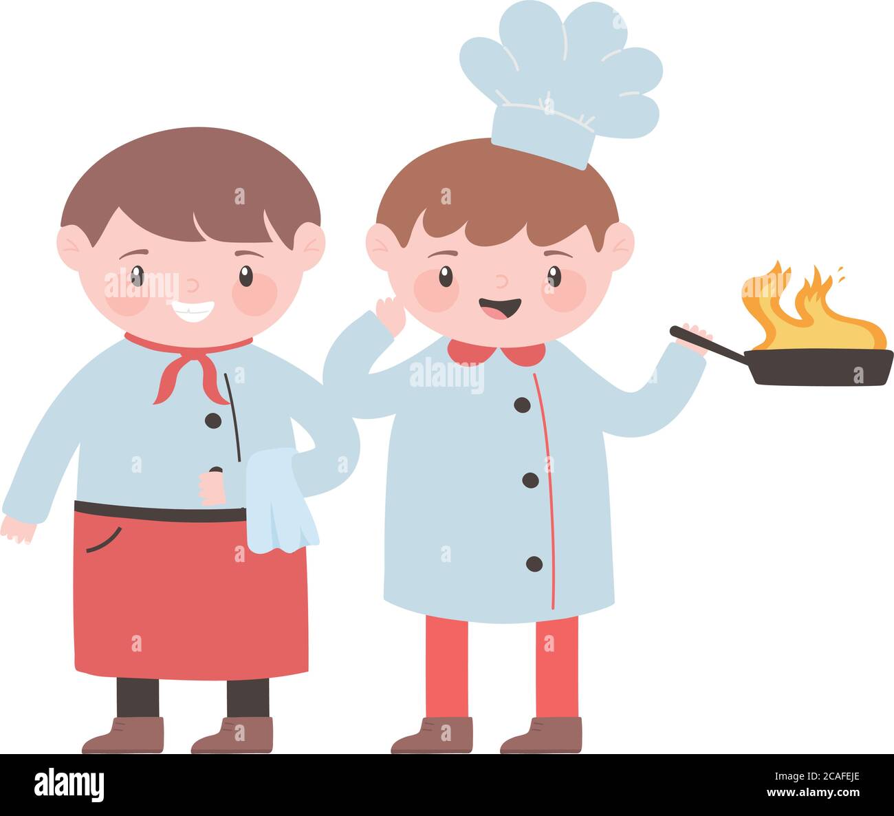 chef and waiter with saucepan flame cartoon character vector ...