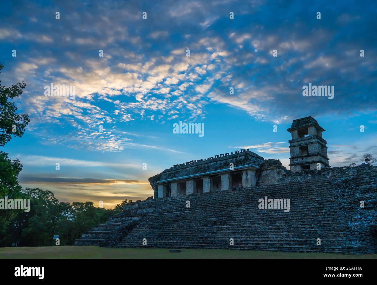 The Palace at sunrise in the ruins of the Mayan city of Palenque ...