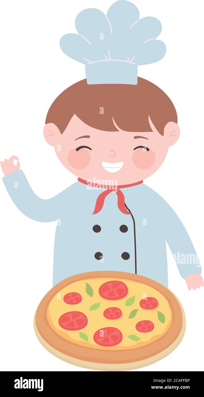 chef boy with baked pizza cartoon character vector illustration Stock ...