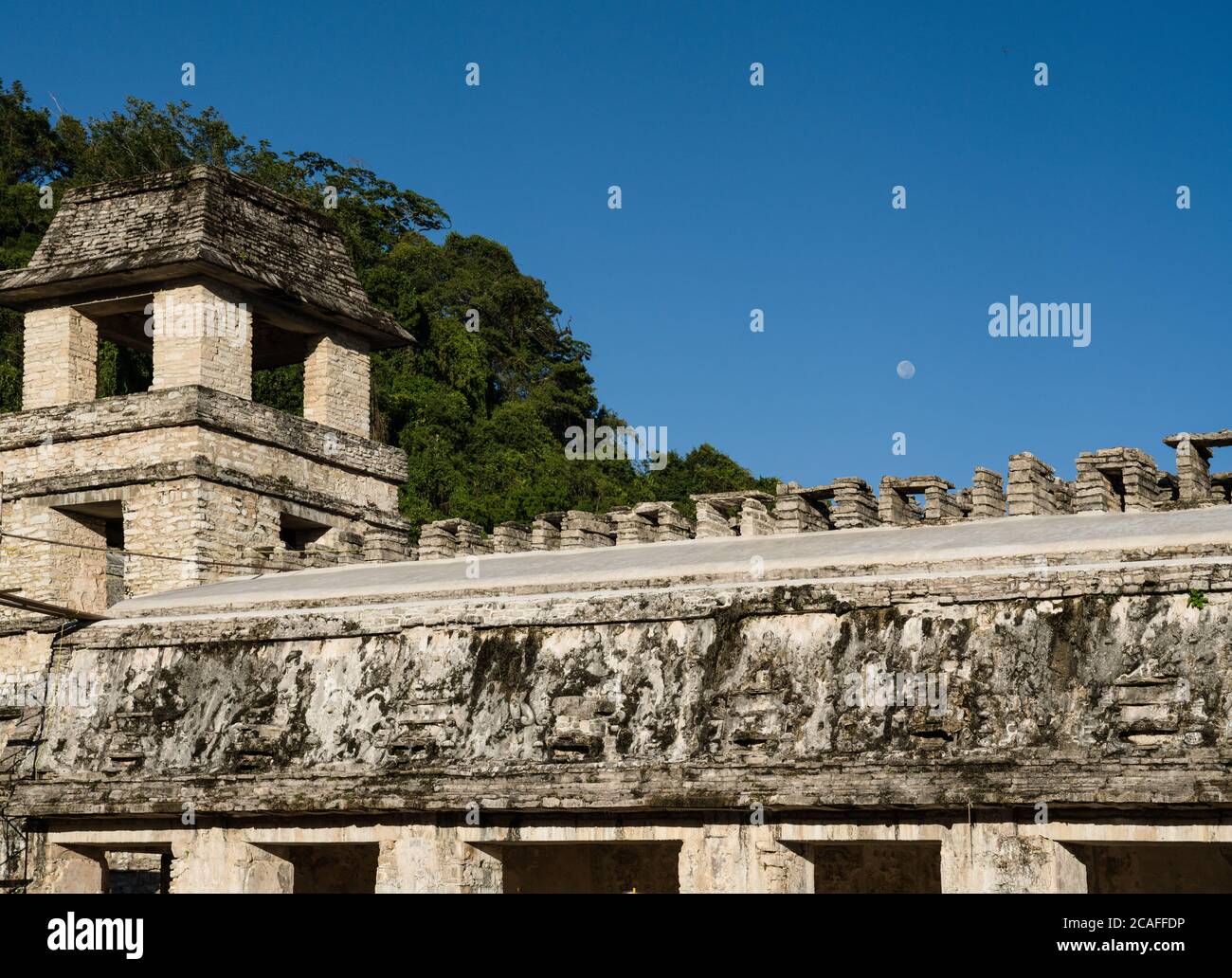 The Palace tower with the moon in the ruins of the Mayan city of ...