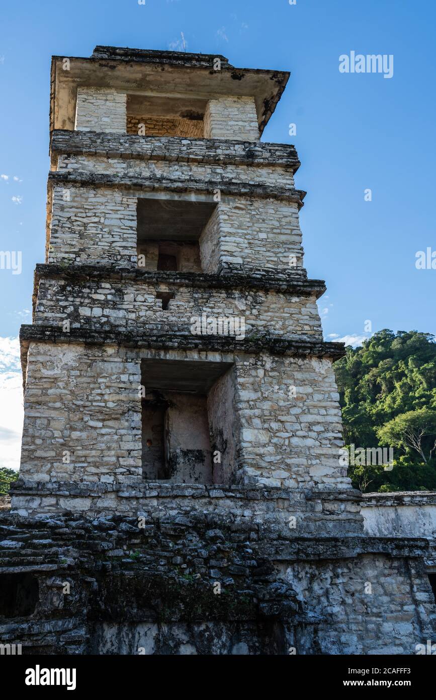 The Palace tower in the ruins of the Mayan city of Palenque, Palenque ...