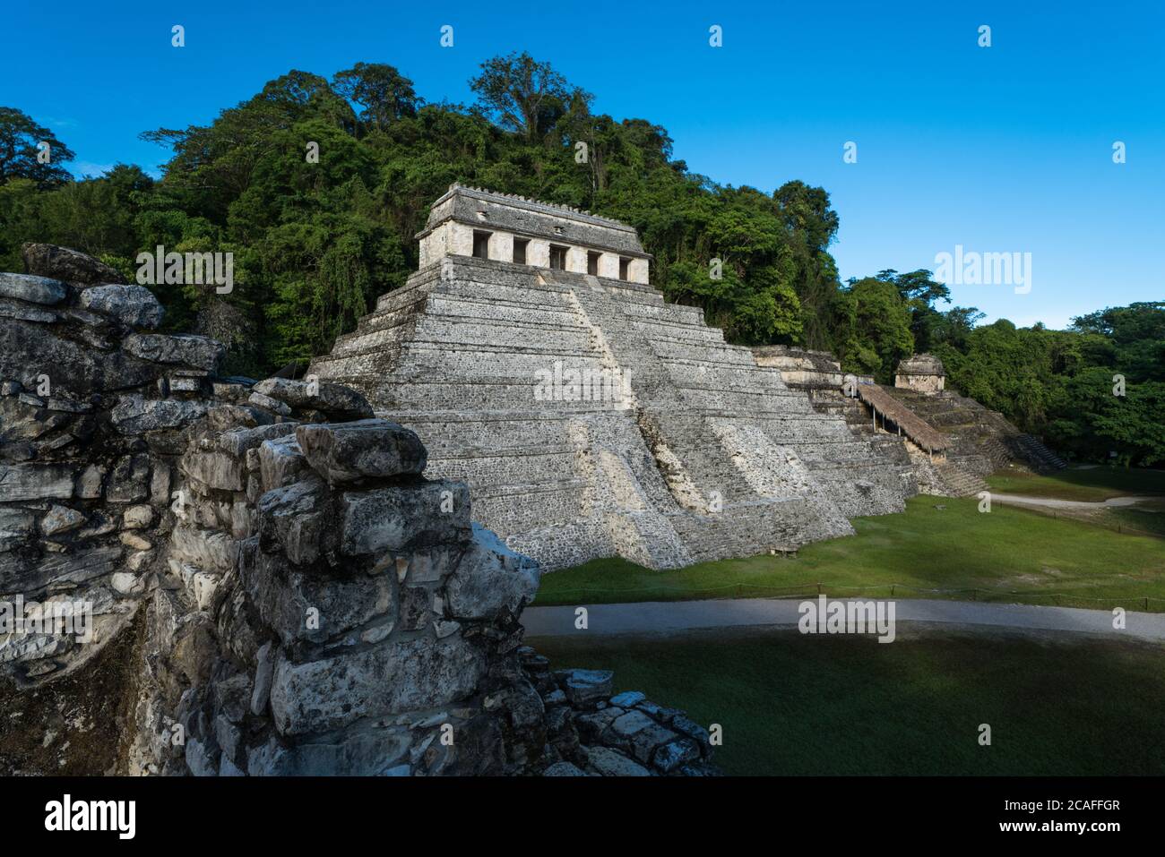 The Temple of the Inscriptions in the ruins of the Mayan city of ...