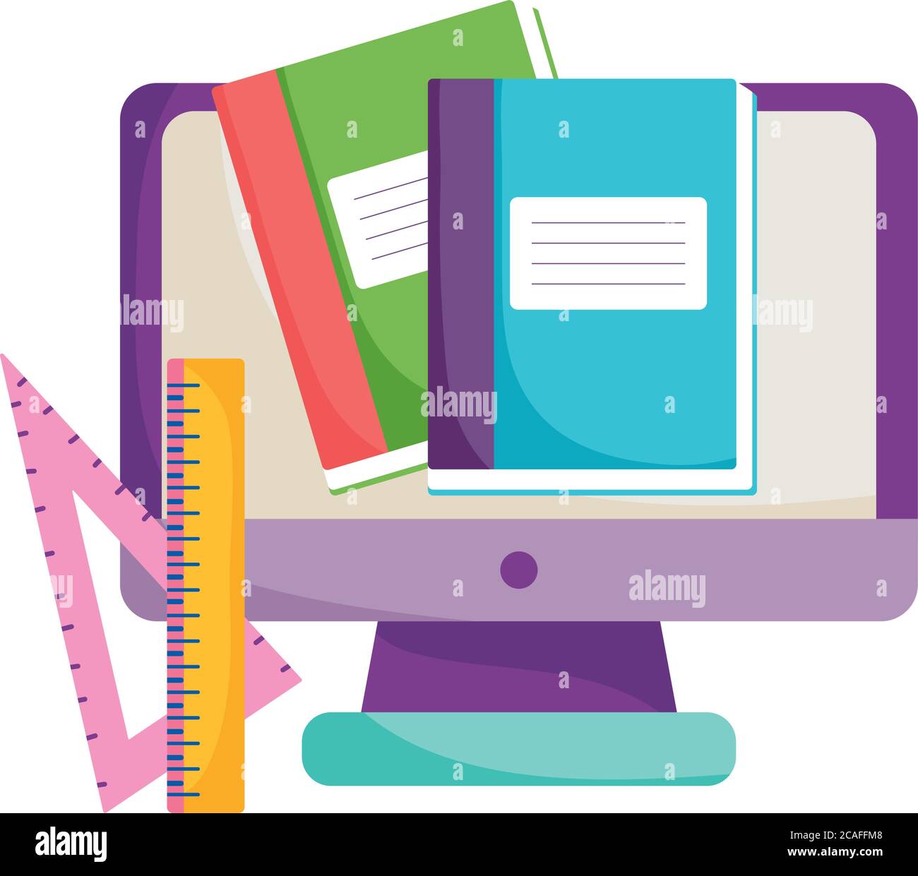 back to school, computer books and ruler elementary education cartoon ...