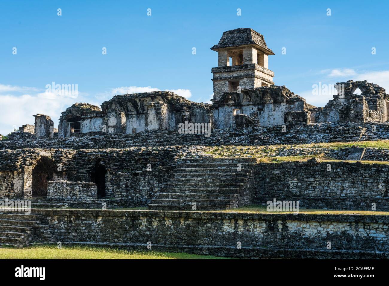 The Palace with its tower in the ruins of the Mayan city of Palenque ...