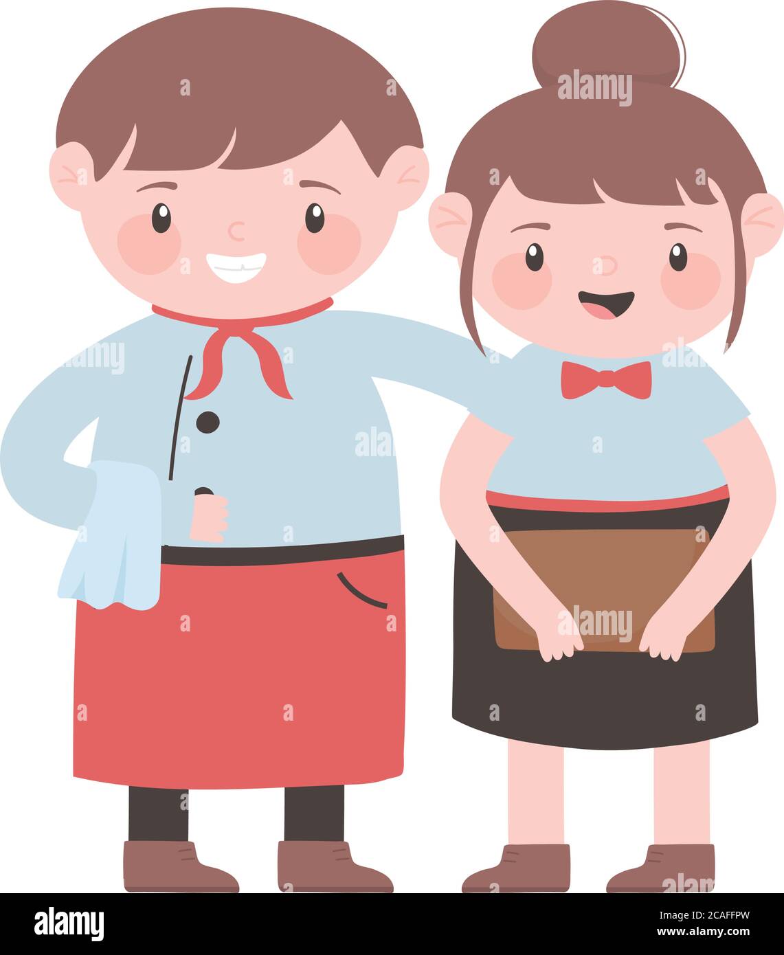 waiter and waitress with apron and menu cartoon character vector ...