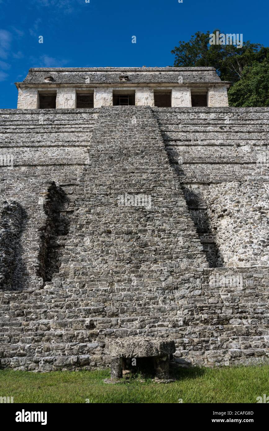 The Temple of the Inscriptions and an altar in the ruins of the Mayan ...