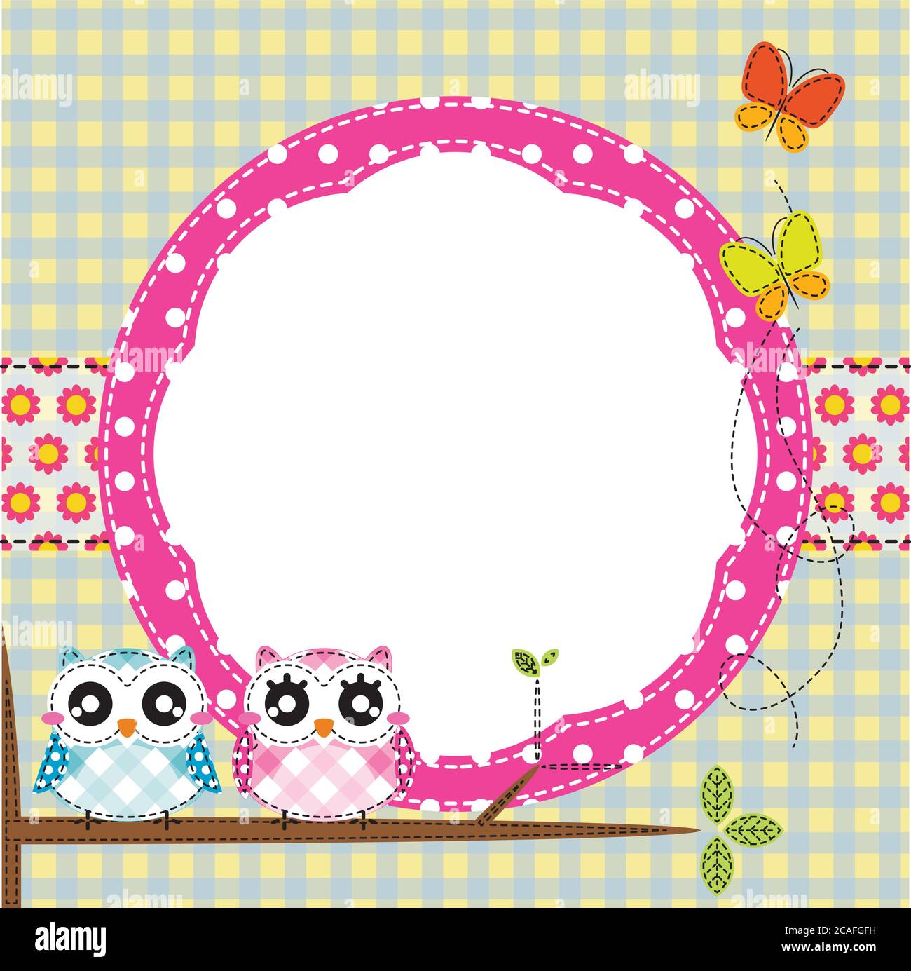 Frame of cute owls on tree branch. Vector illustration Stock Vector ...