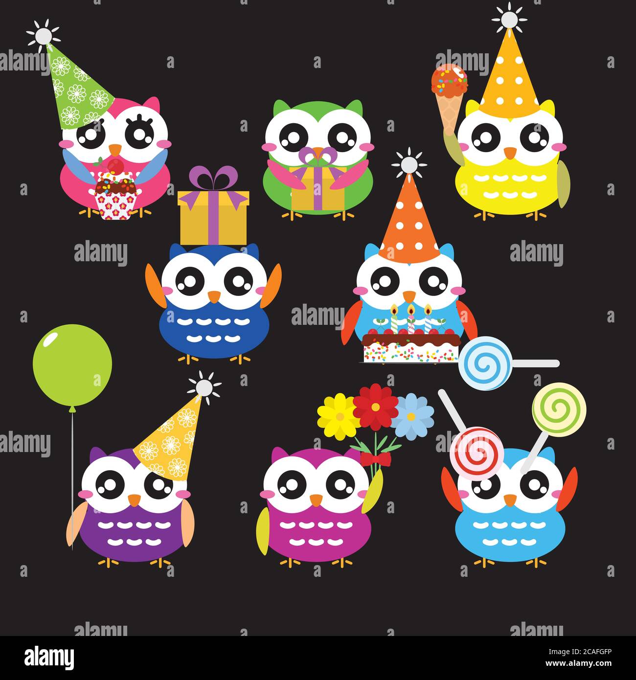 Set of birthday party elements with cute owls. Vector illustration ...