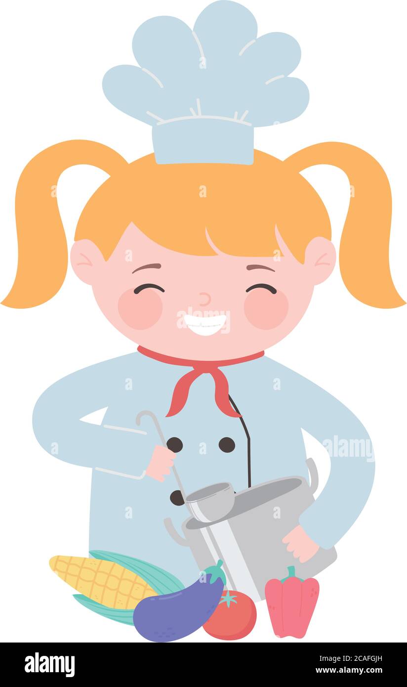 chef girl preparation pot ladle and vegetables cartoon character vector ...
