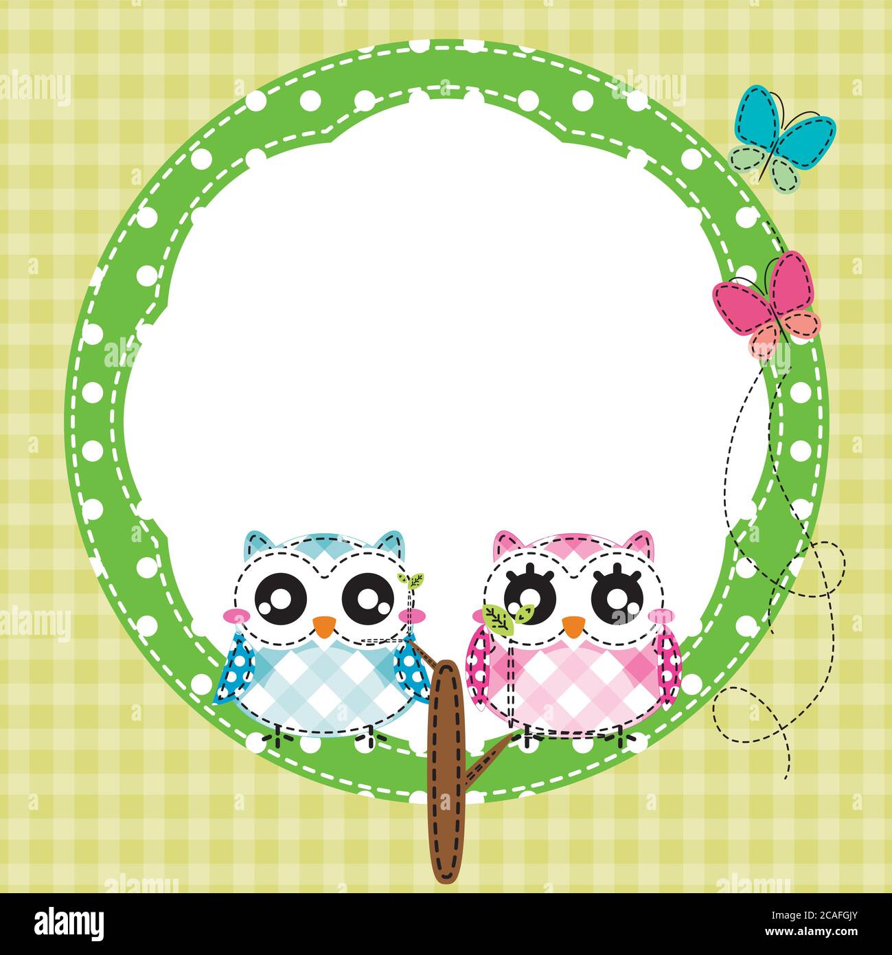 Frame of cute owls on tree branch. Vector illustration Stock Vector ...