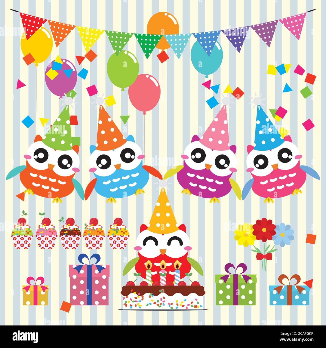 Set of birthday party elements with cute owls. Vector illustration ...