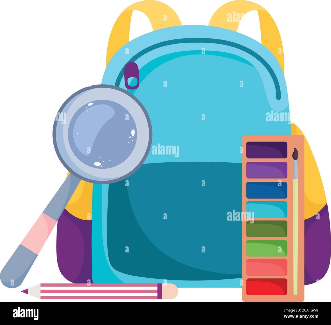back to school, bag color palette pencil and magnifier elementary ...