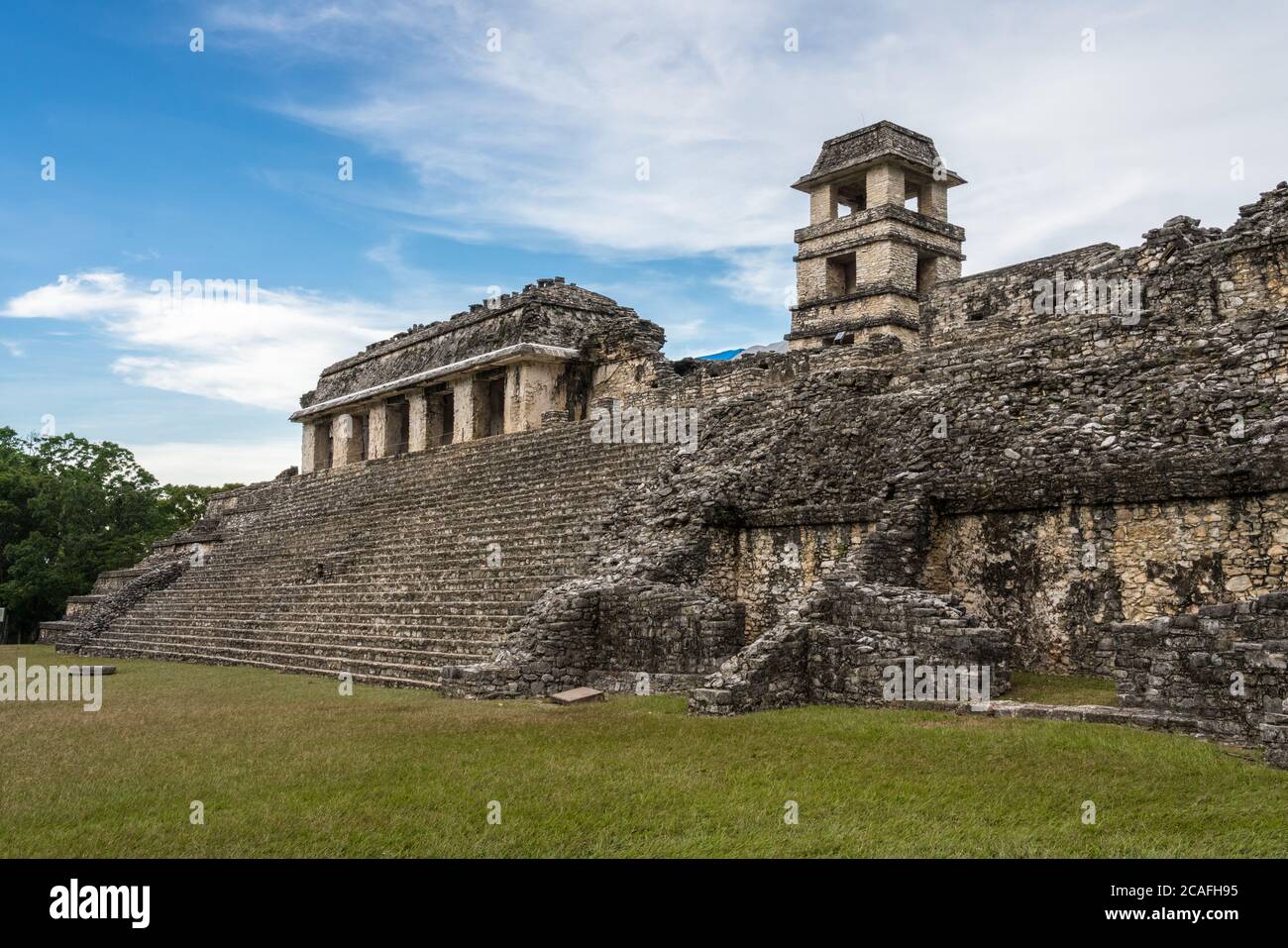 The Palace with its tower in the ruins of the Mayan city of Palenque ...