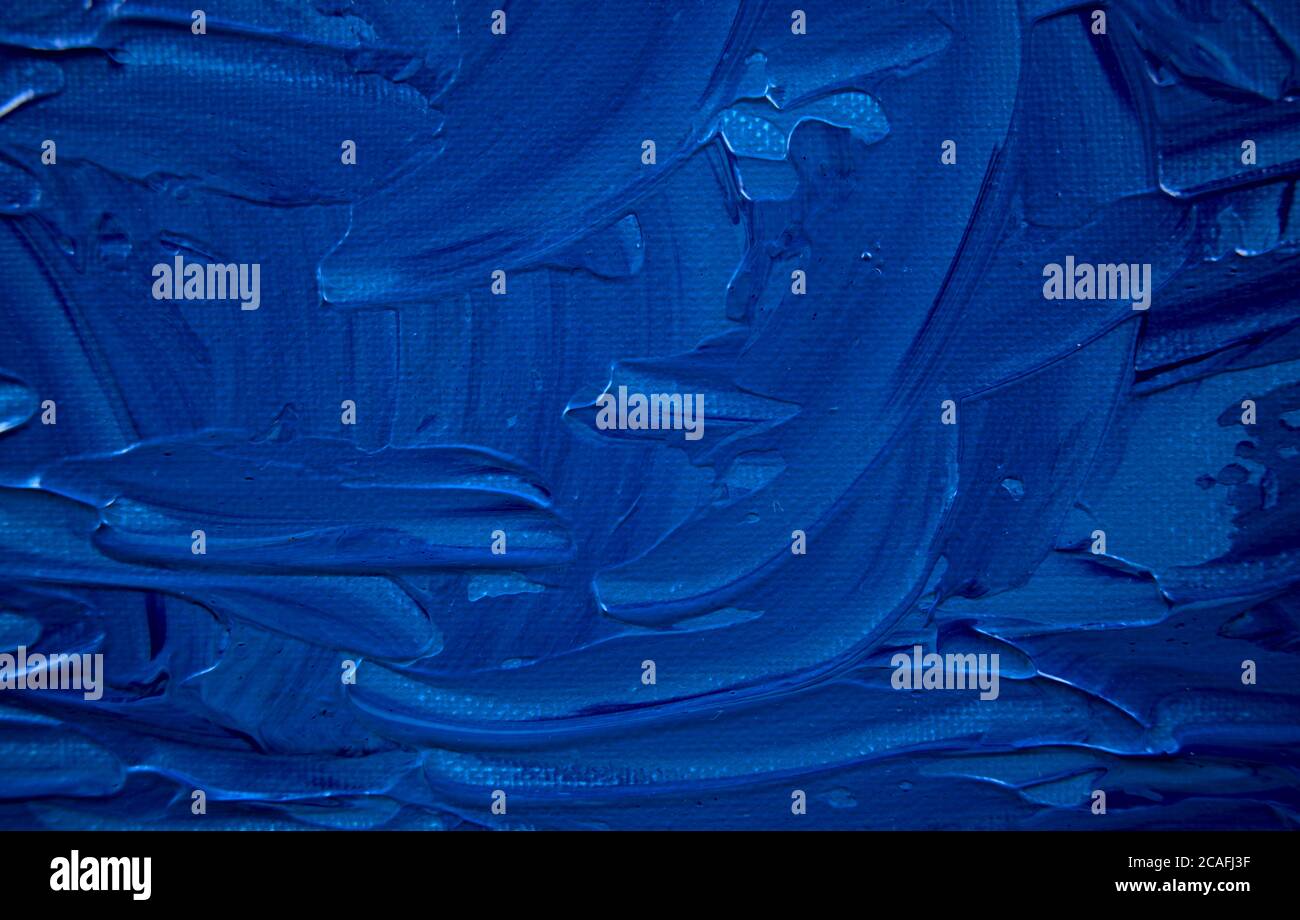 Acrylic blue color painting abstract on canvas. Hand drawn. Flat lay ...