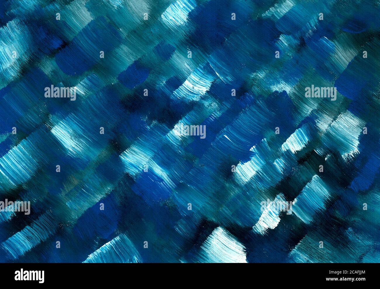 Acrylic blue, white colors painting abstract on canvas. Flat lay ...