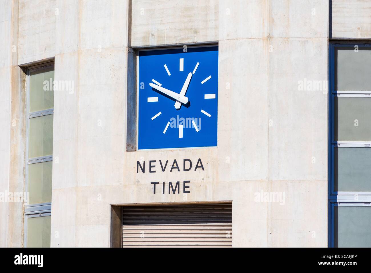 Water intake tower with a clock showing Nevada time on the Nevada side ...