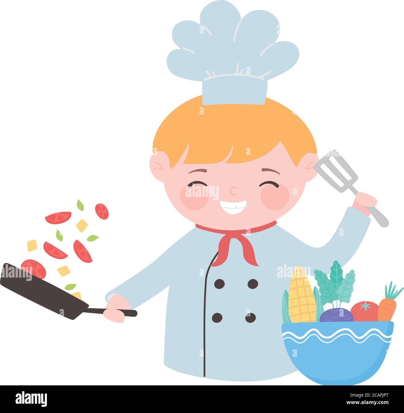 chef boy with saucepan and vegetables in bowl cartoon character vector ...