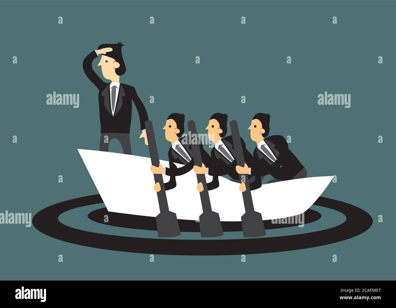 Business people rowing on a boat leaning by a leader. Concept of ...