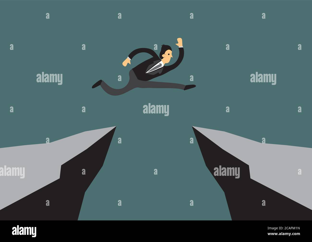 Fearless brave businessman jumping over a cliff to reach his target ...