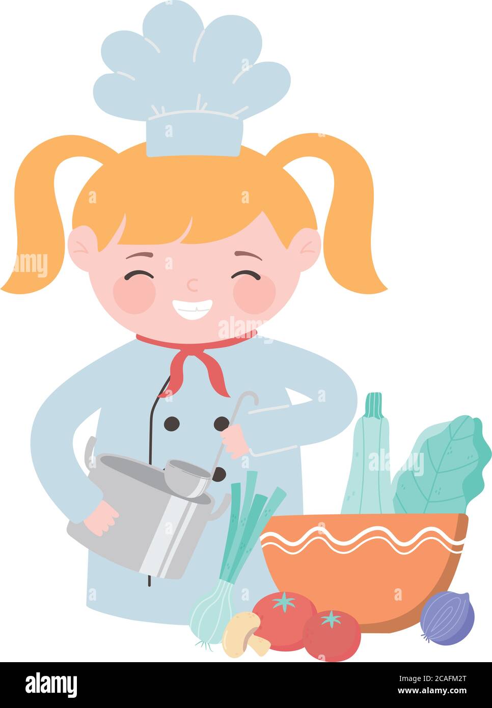 chef blonde girl with pot and fresh food in bowl cartoon character ...