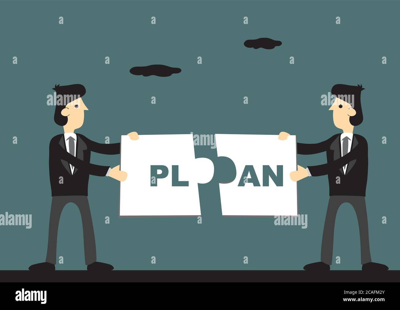 Two cartoon businessmen holding huge jigsaw puzzle to form text that ...
